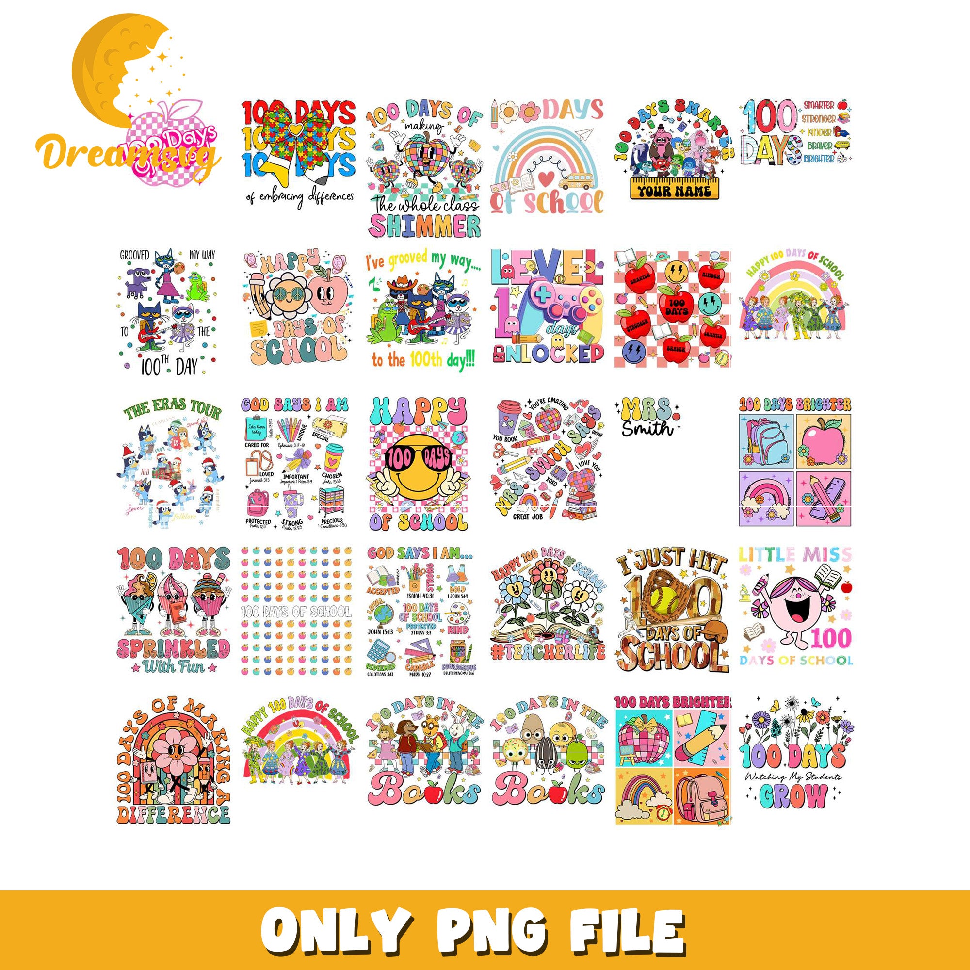 100 Days of School Art Bundle Fun PNG Files for Teachers – DreamSVG Store