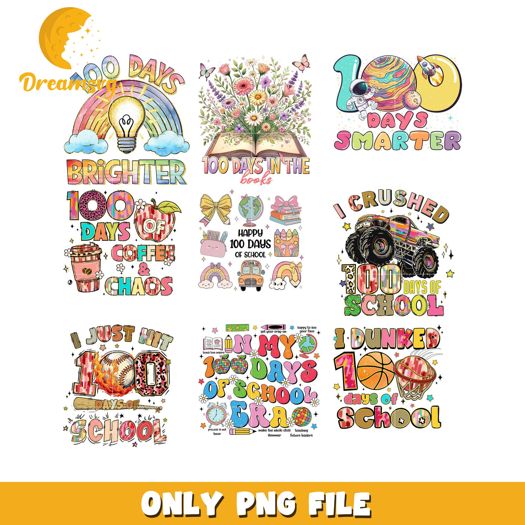 100 Days of School Bundle Colorful PNG Designs for Kids – DreamSVG Store