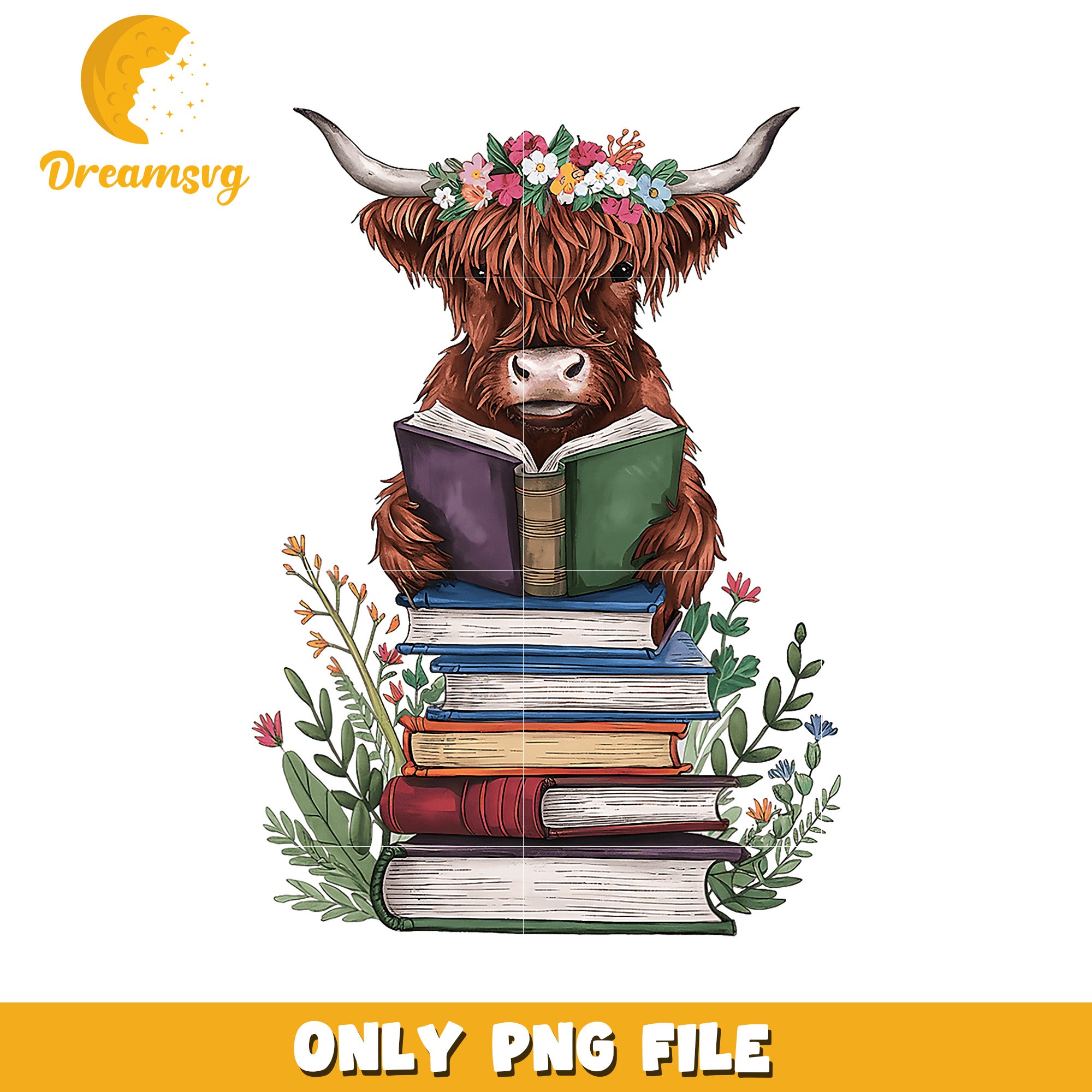 Highland Cow Reading Books PNG – DreamSVG Store