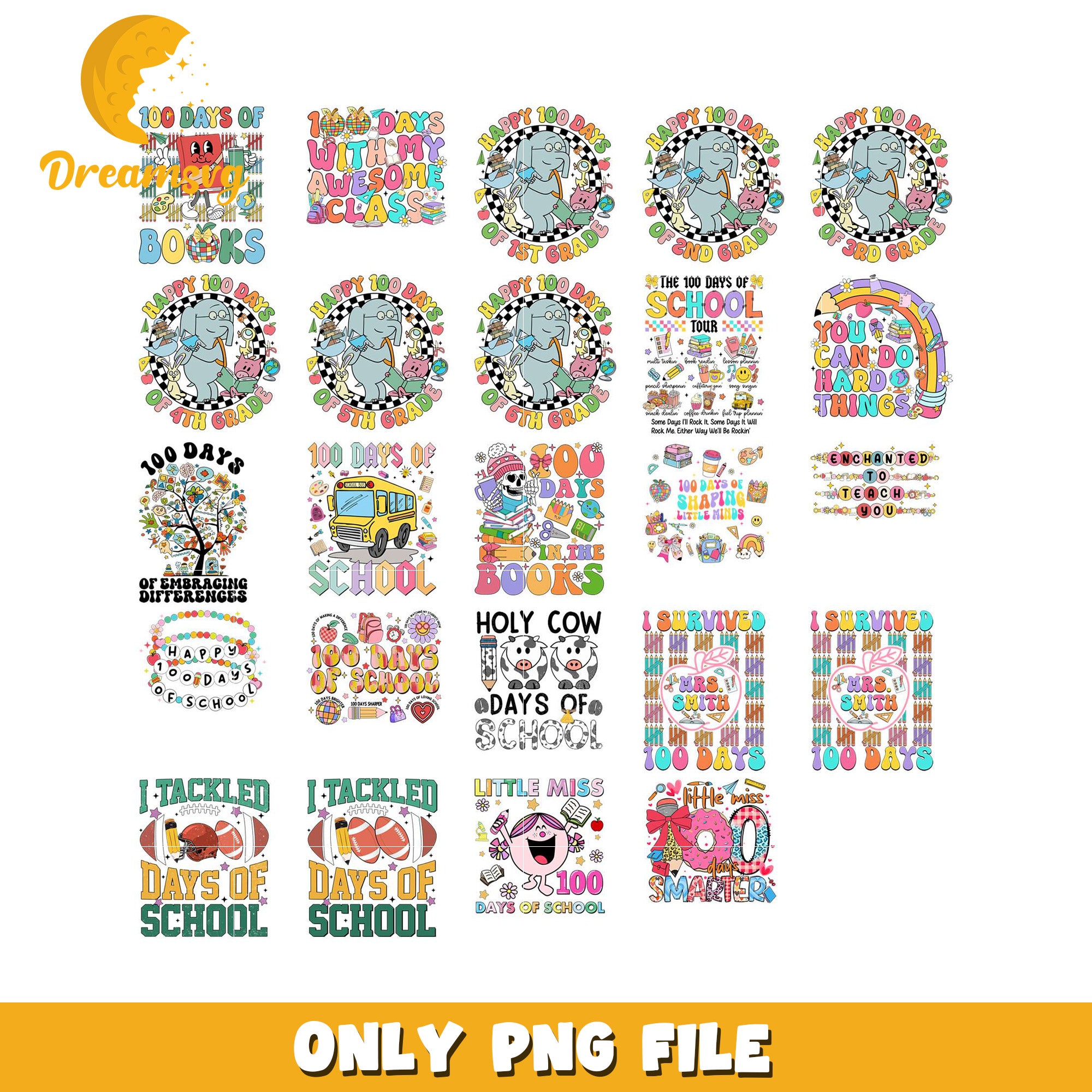 100 Days of School Bundle PNG Fun Designs for Kids – DreamSVG Store