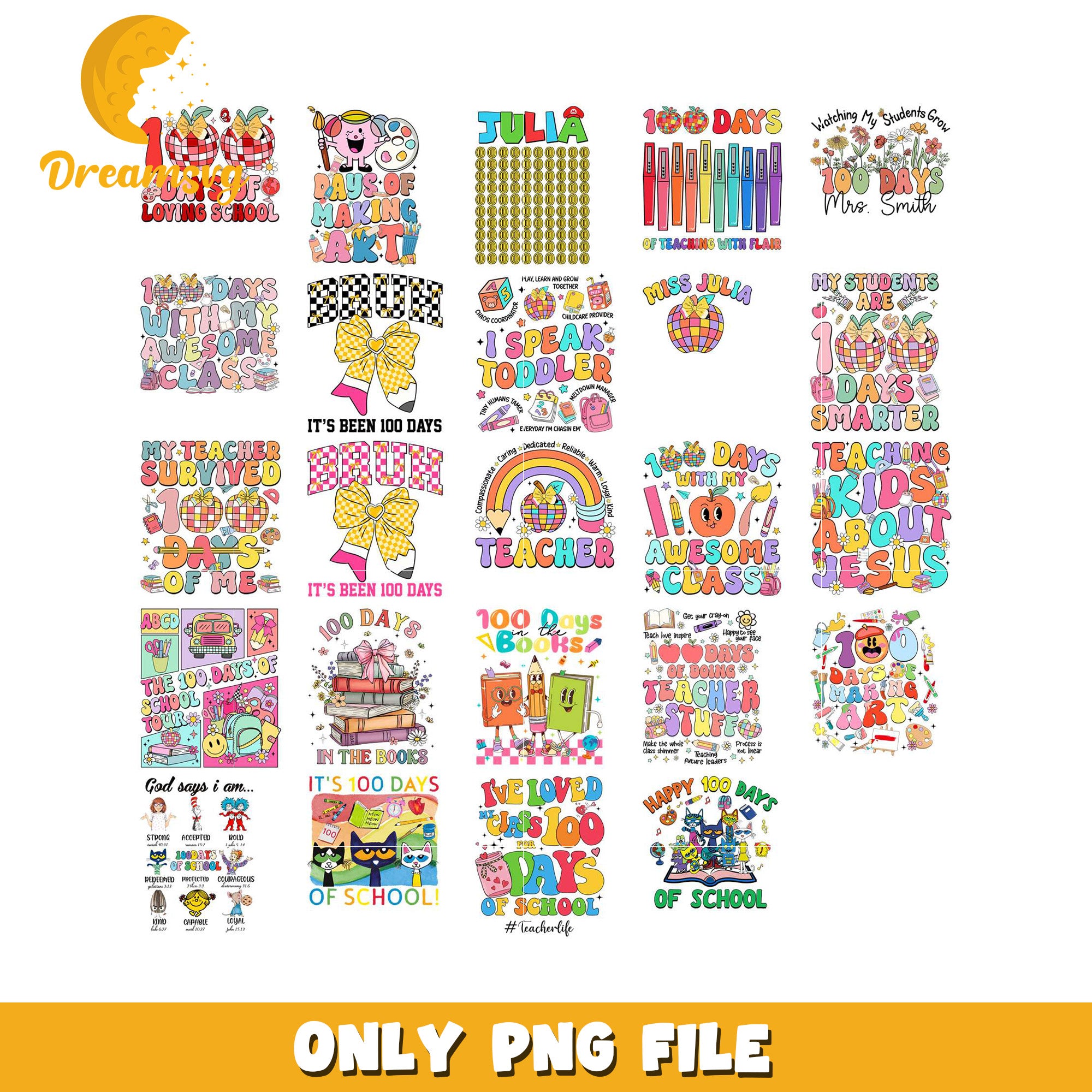 100 Days of School Bundle PNG Fun and Colorful Designs – DreamSVG Store