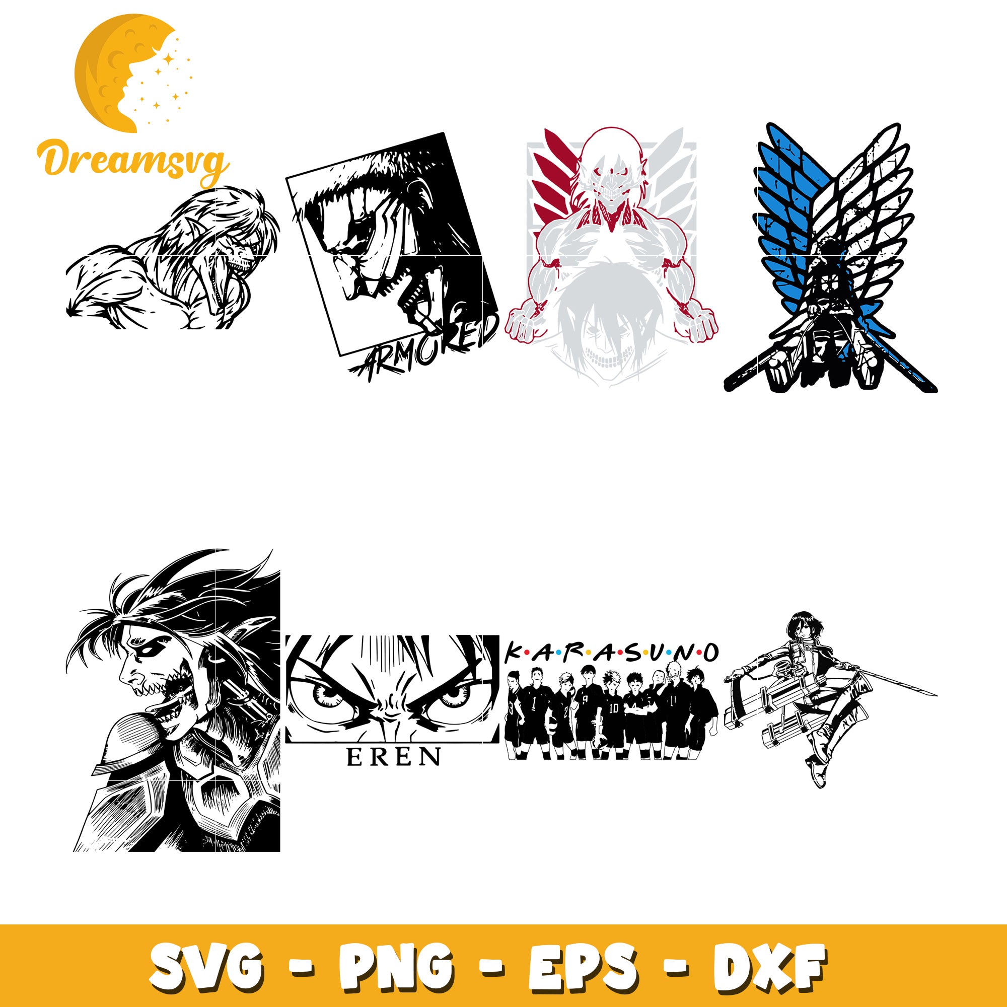 Eren titan anime black white design bundle svg, eren yeager svg ...
