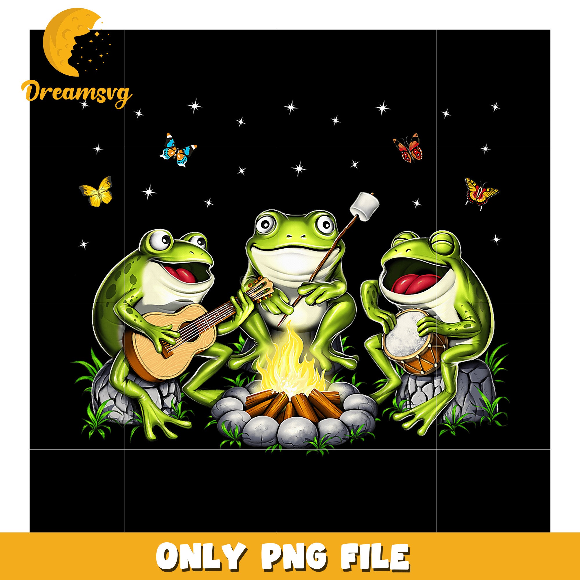 Campfire Frogs PNG Musical Amphibian Trio – DreamSVG Store