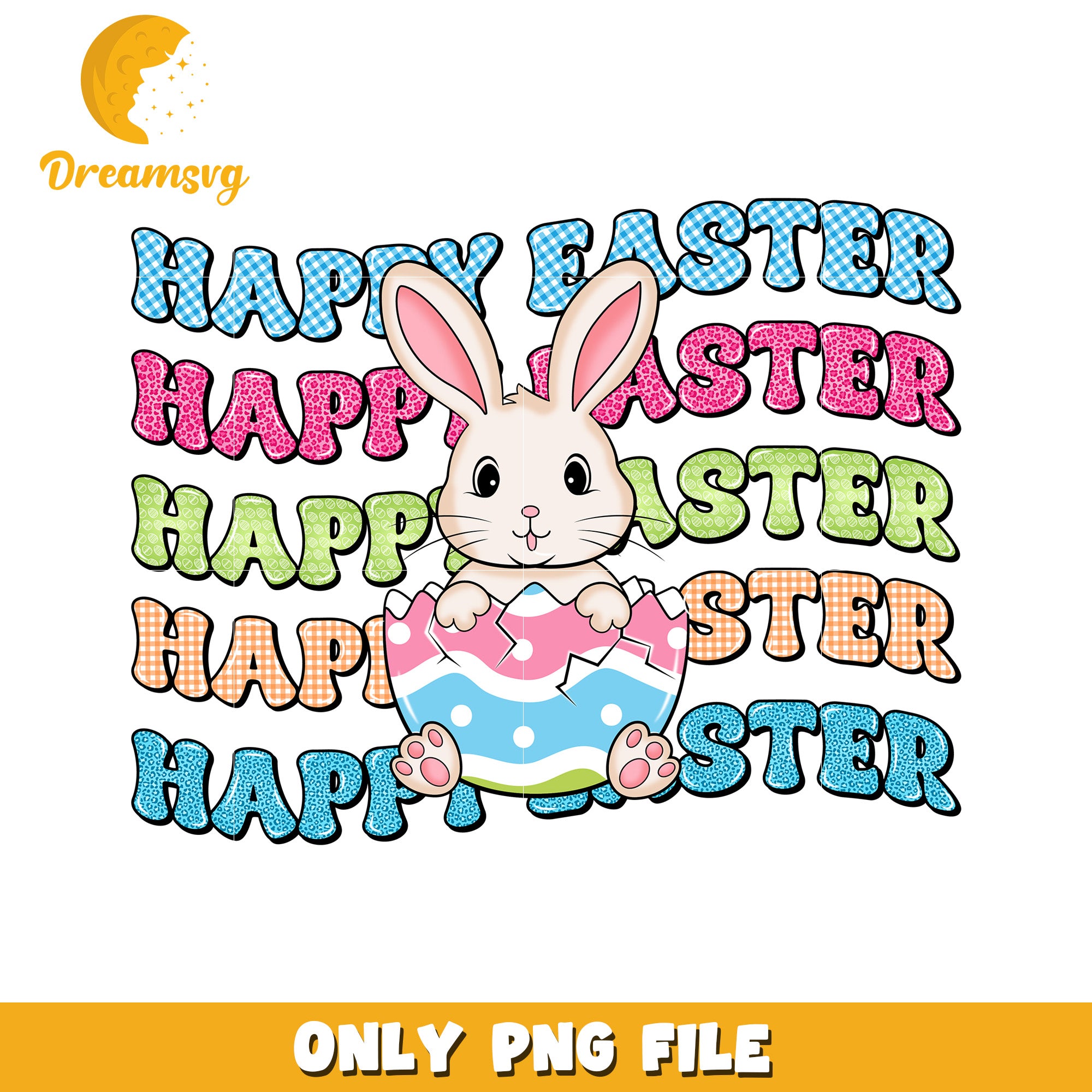 Cute Easter Bunny with Happy Easter Text PNG Image – DreamSVG Store