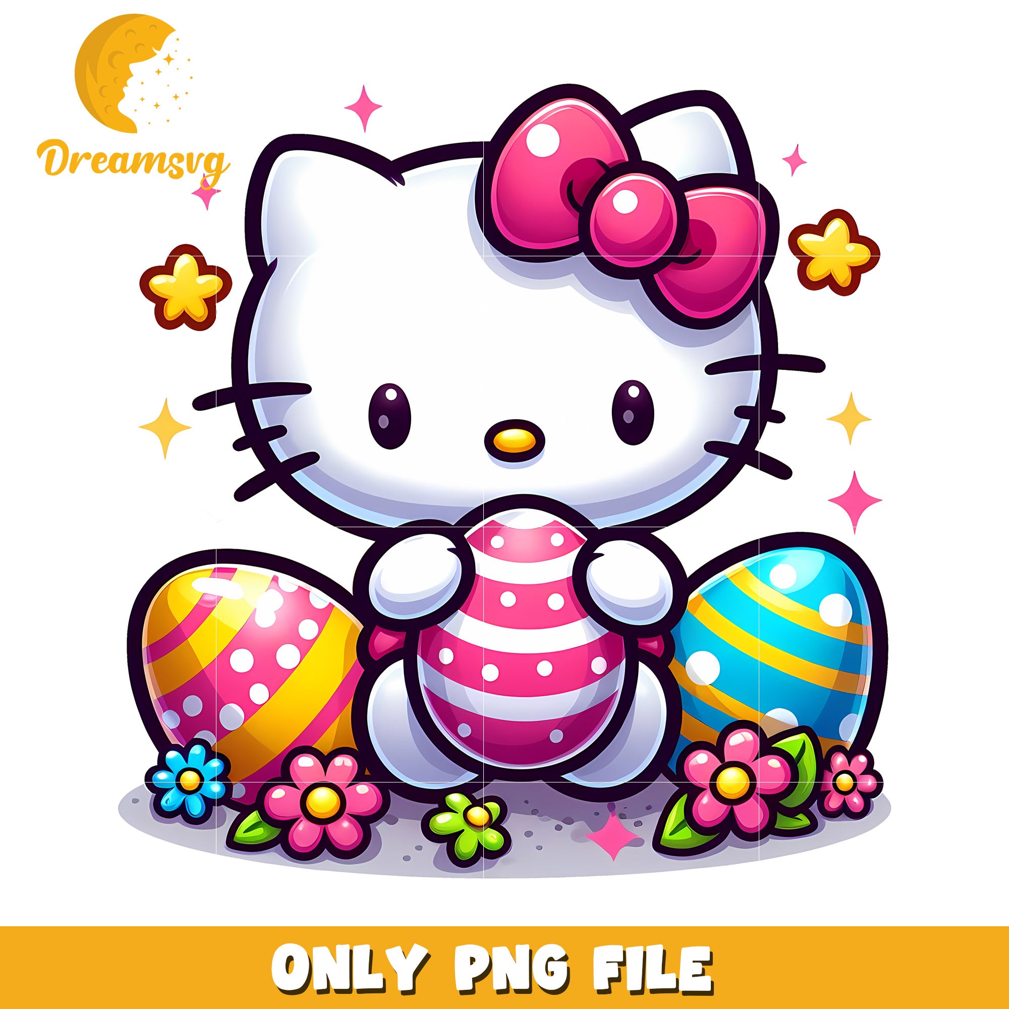 Cute Hello Kitty Easter PNG File with Colorful Eggs Design – DreamSVG Store