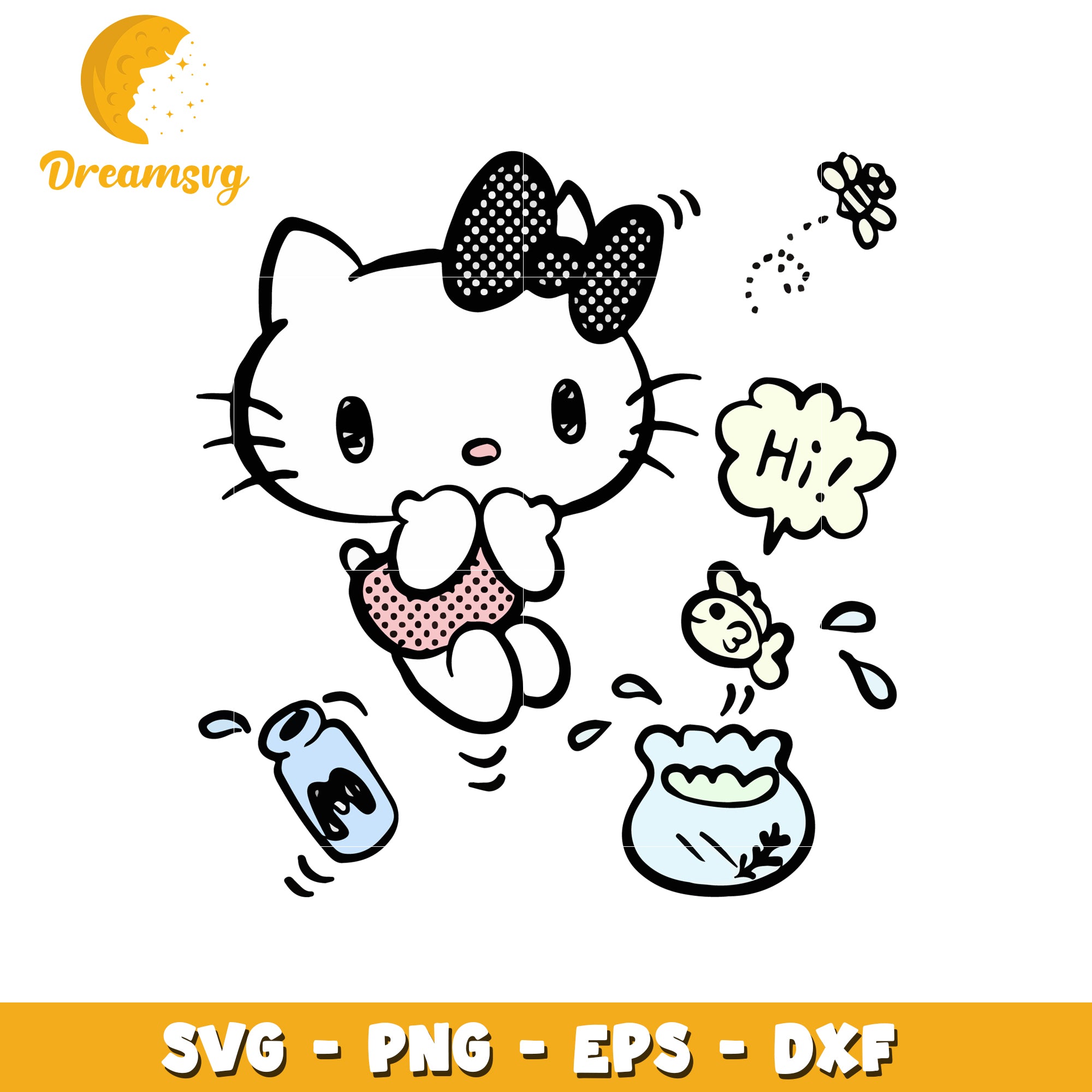 Cute Hello Kitty SVG Design with Fish and Playful Elements – DreamSVG Store