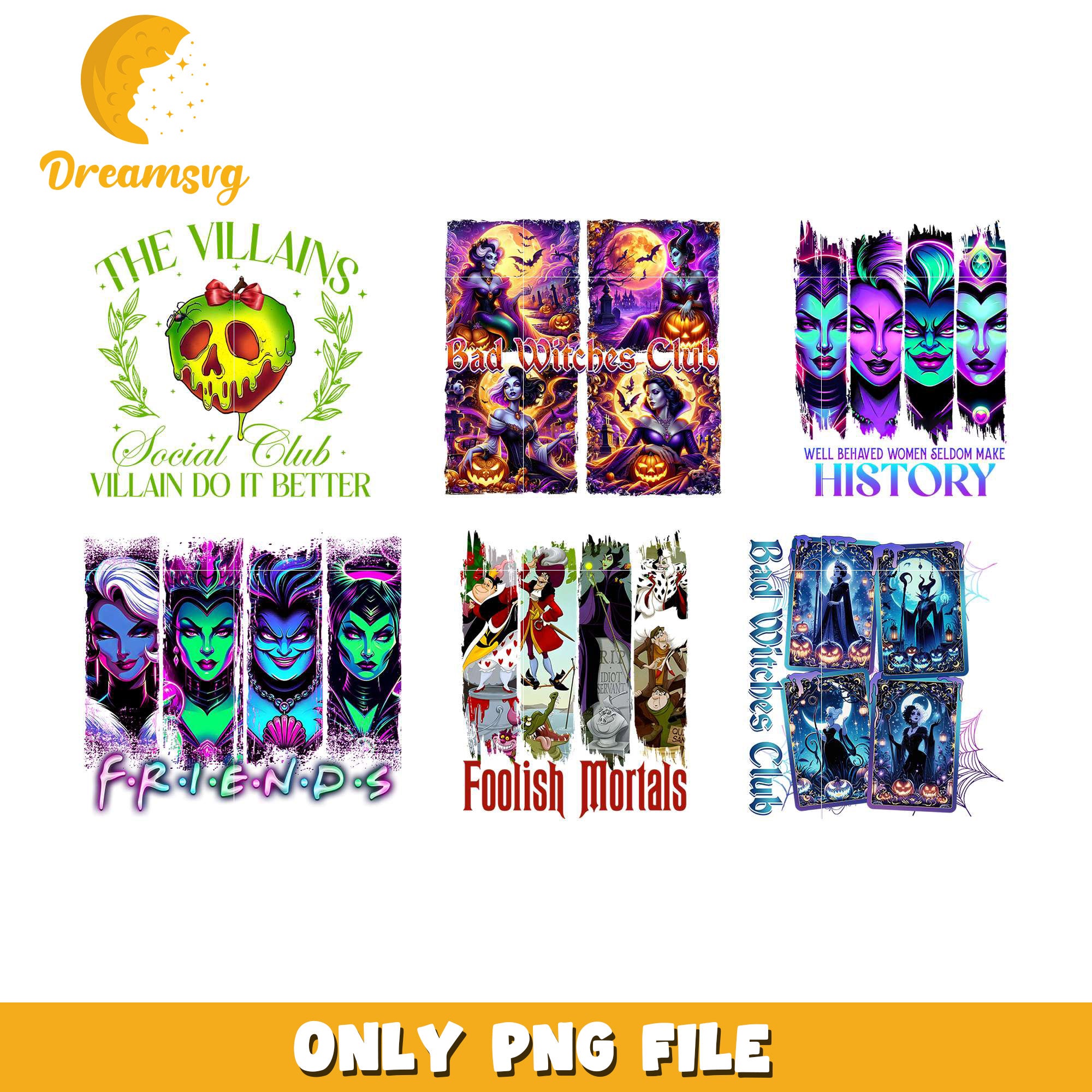 Disney bad witches club design bundle png, disney villains characters ...