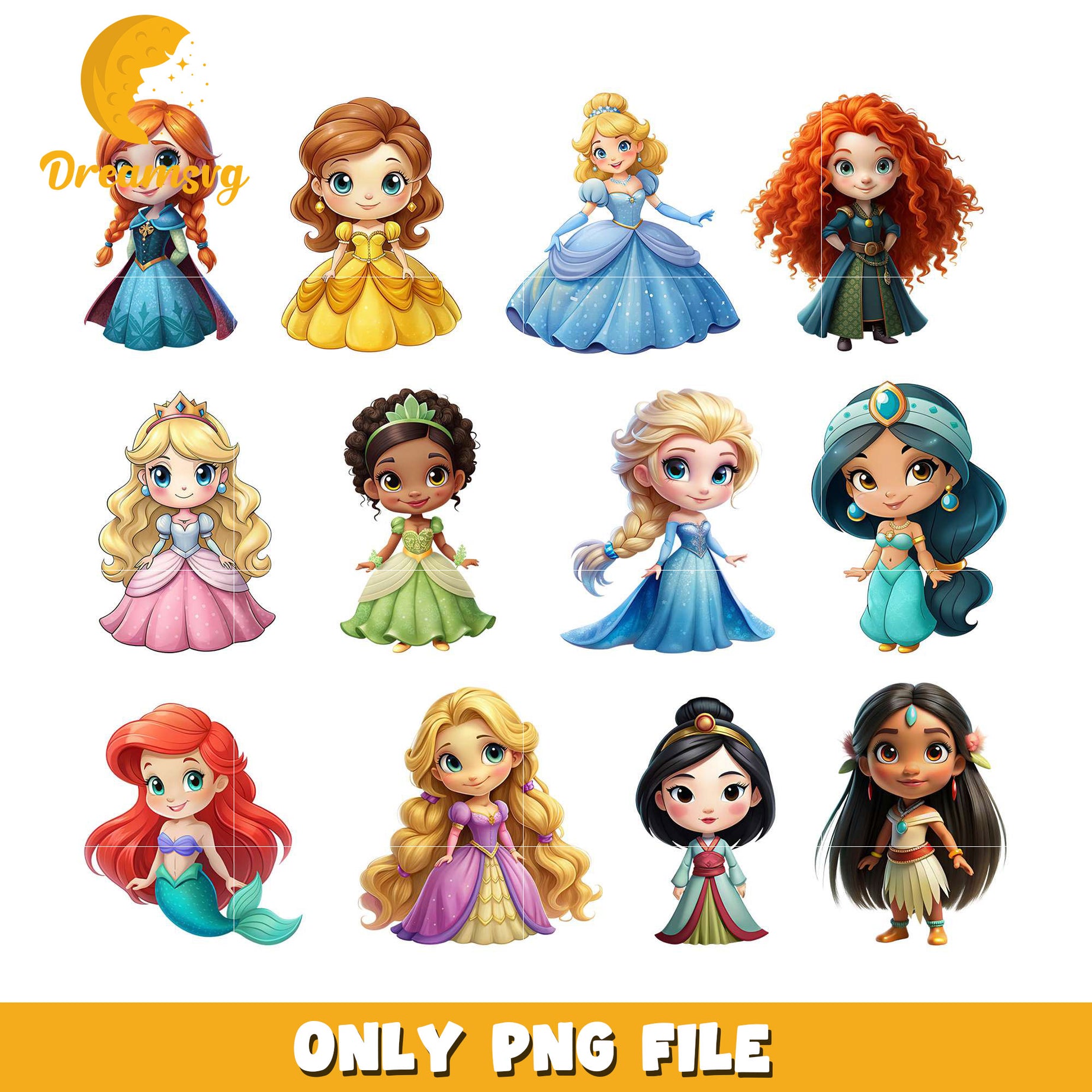 Disney Princess Chibi Design Bundle Png, Disney Princesses Png