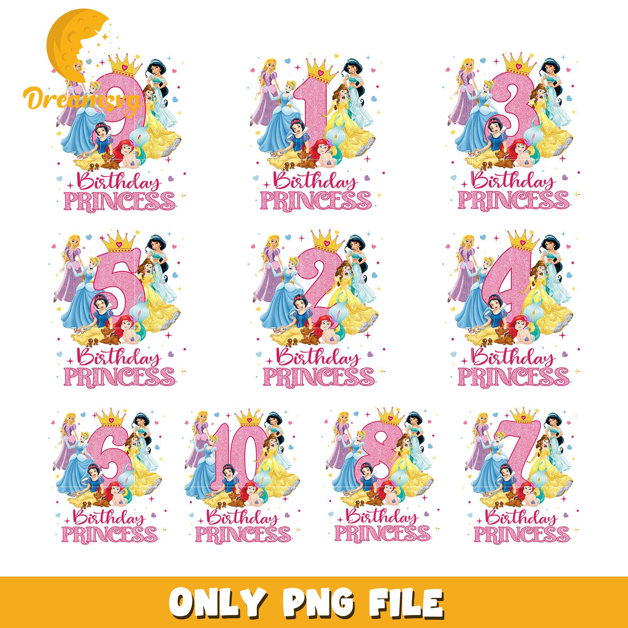 Birthday princess number design bundle png, disney princess birthday p ...