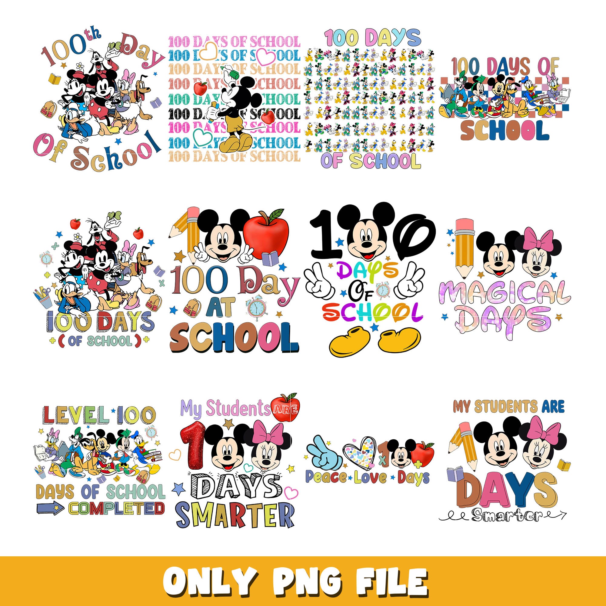 Mickey mouse 100 day of school png bundle, Disney school png, disney p ...