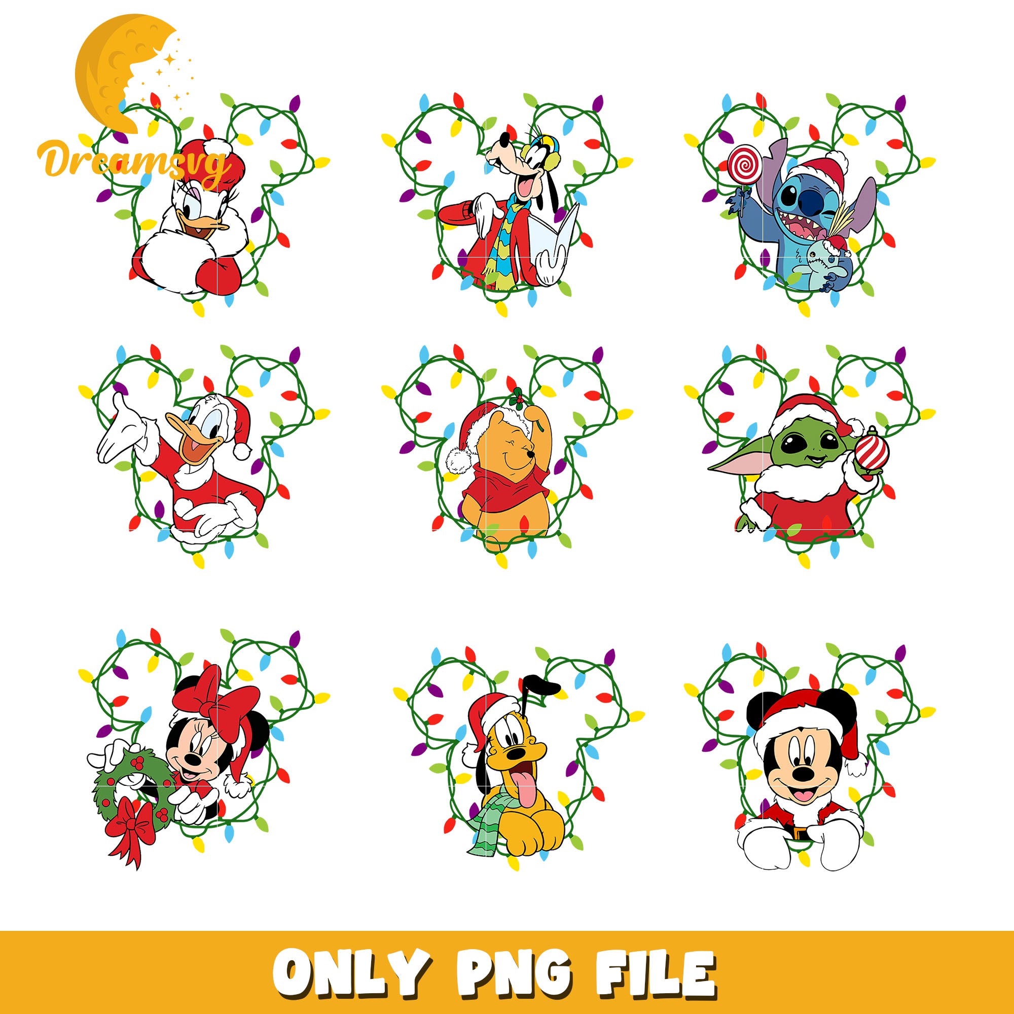 Disney characters christmas lights bundle png, disney christmas png ...