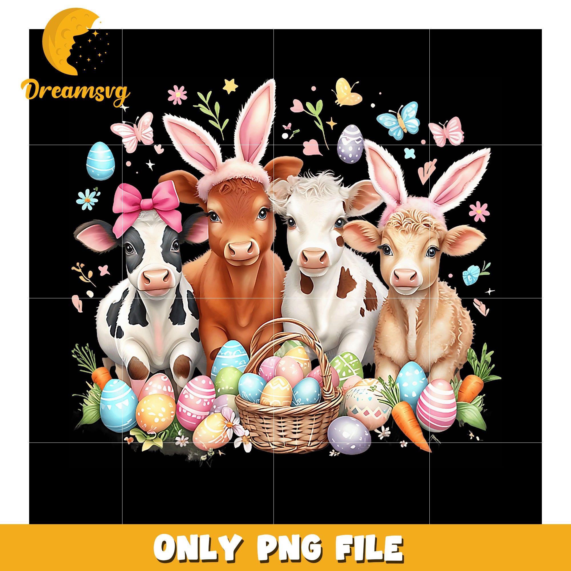 Easter Cows PNG Cute Bunny Calves with Eggs – DreamSVG Store