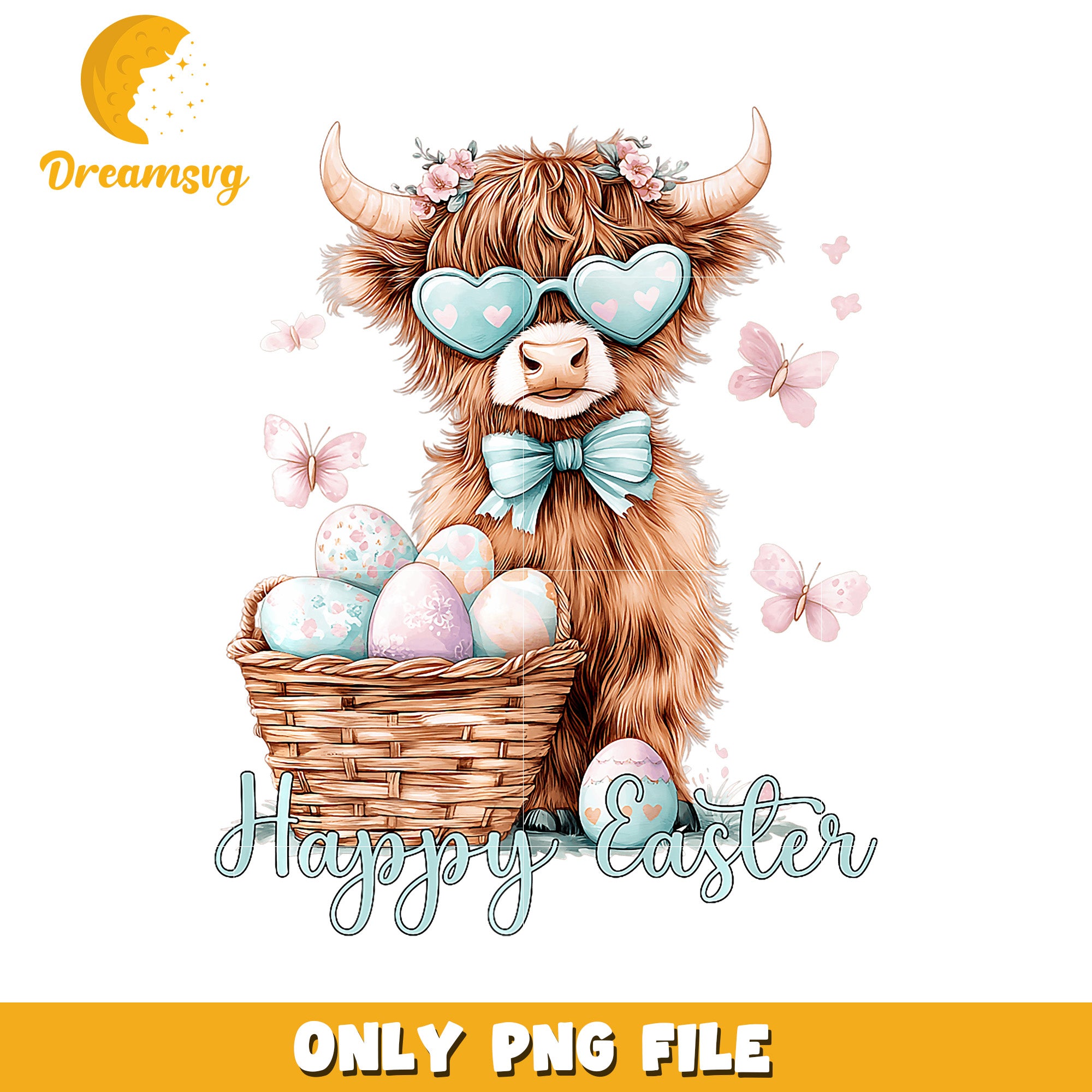Easter Highland Cow PNG Cute Bunny Design – DreamSVG Store