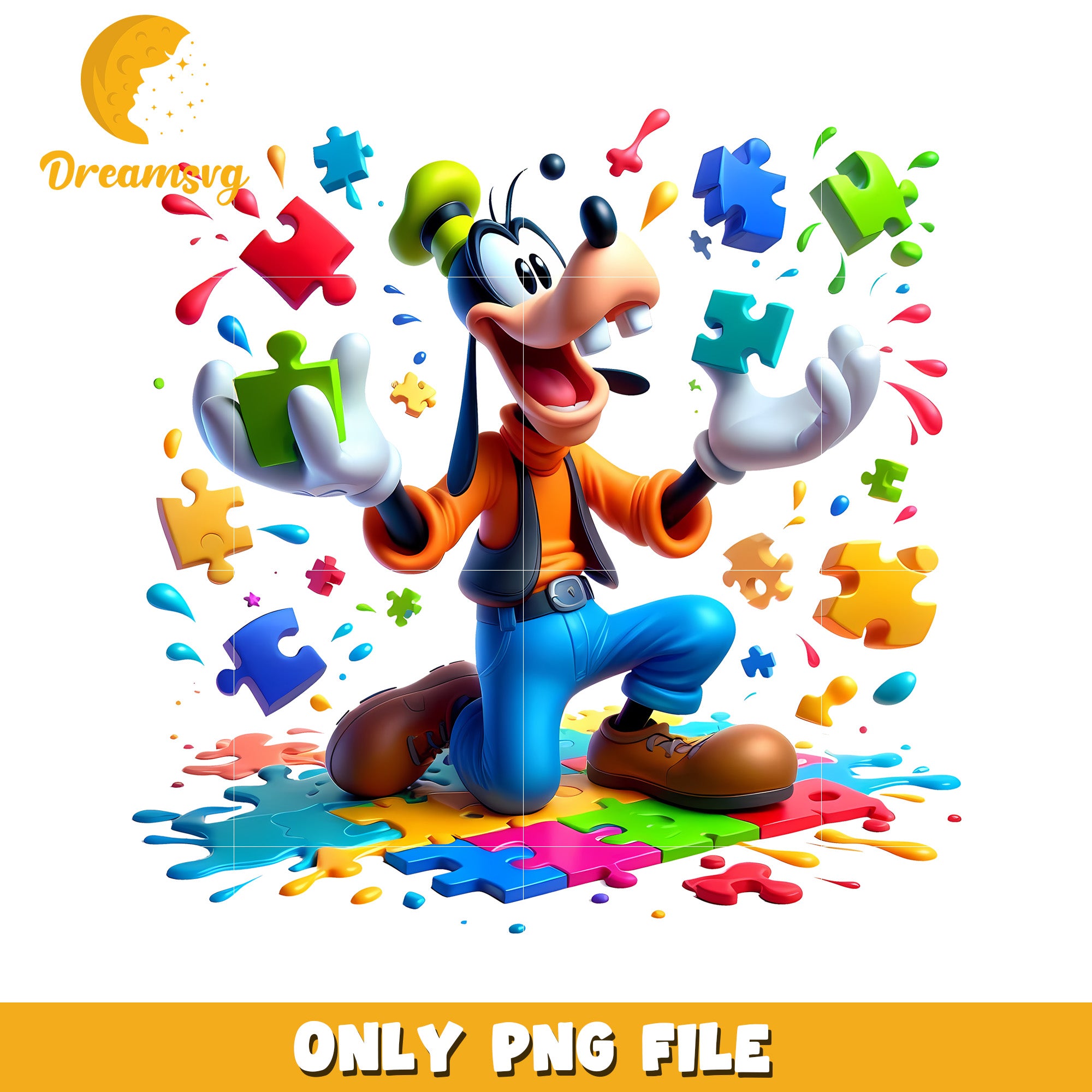 Goofy Playing with Colorful Puzzle Pieces PNG Image – DreamSVG Store