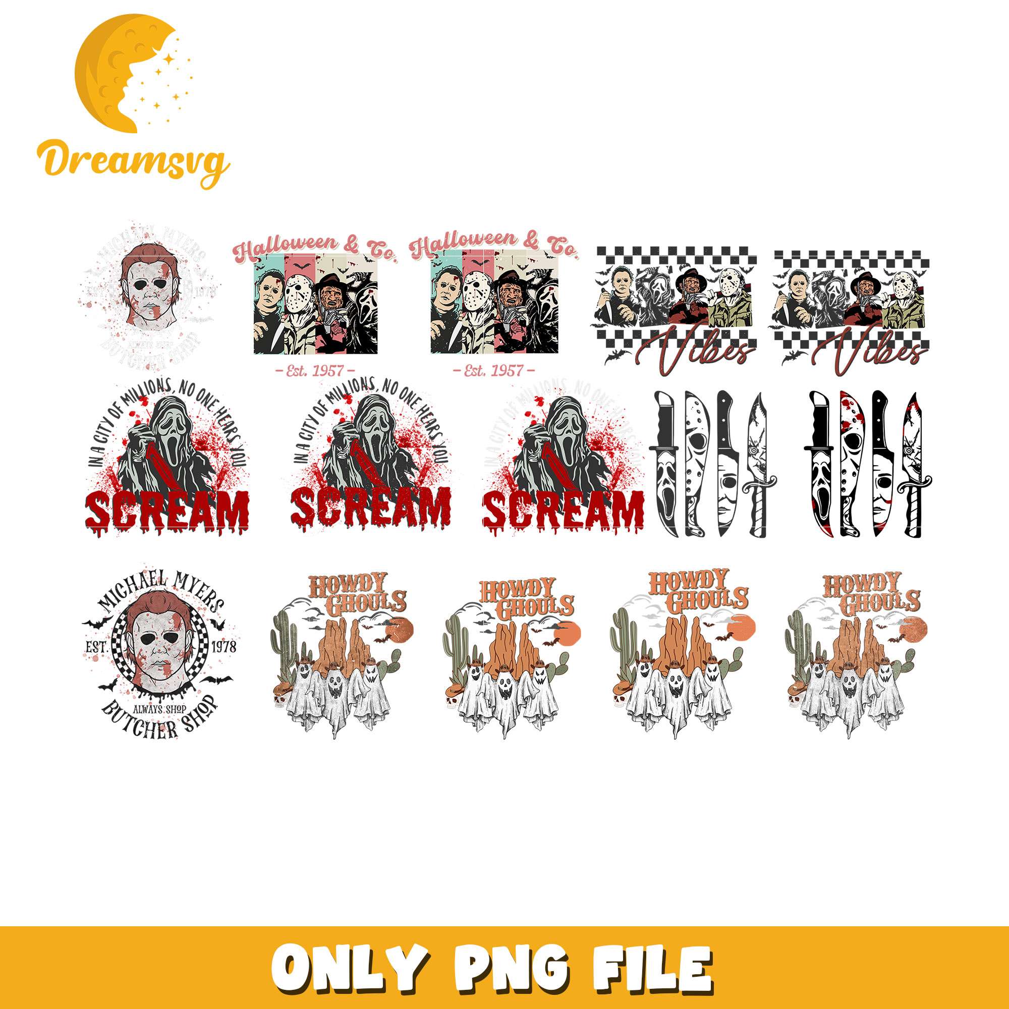 Horror characters vibes halloween design bundle png, horror friends pn ...