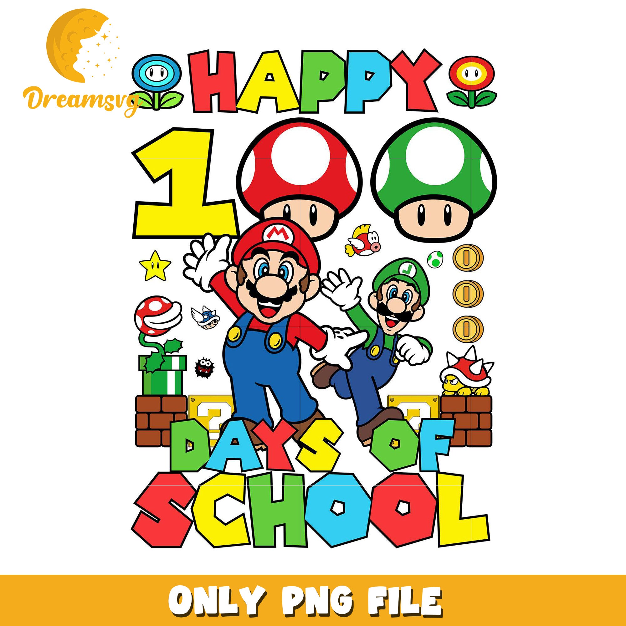 Happy 100 Days of School Mario PNG File Design – DreamSVG Store