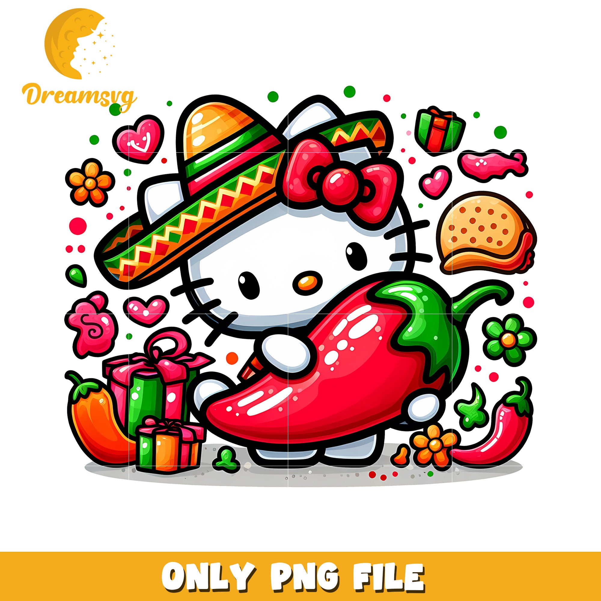 Hello Kitty Mexican Theme PNG File with Chili and Gifts – DreamSVG Store