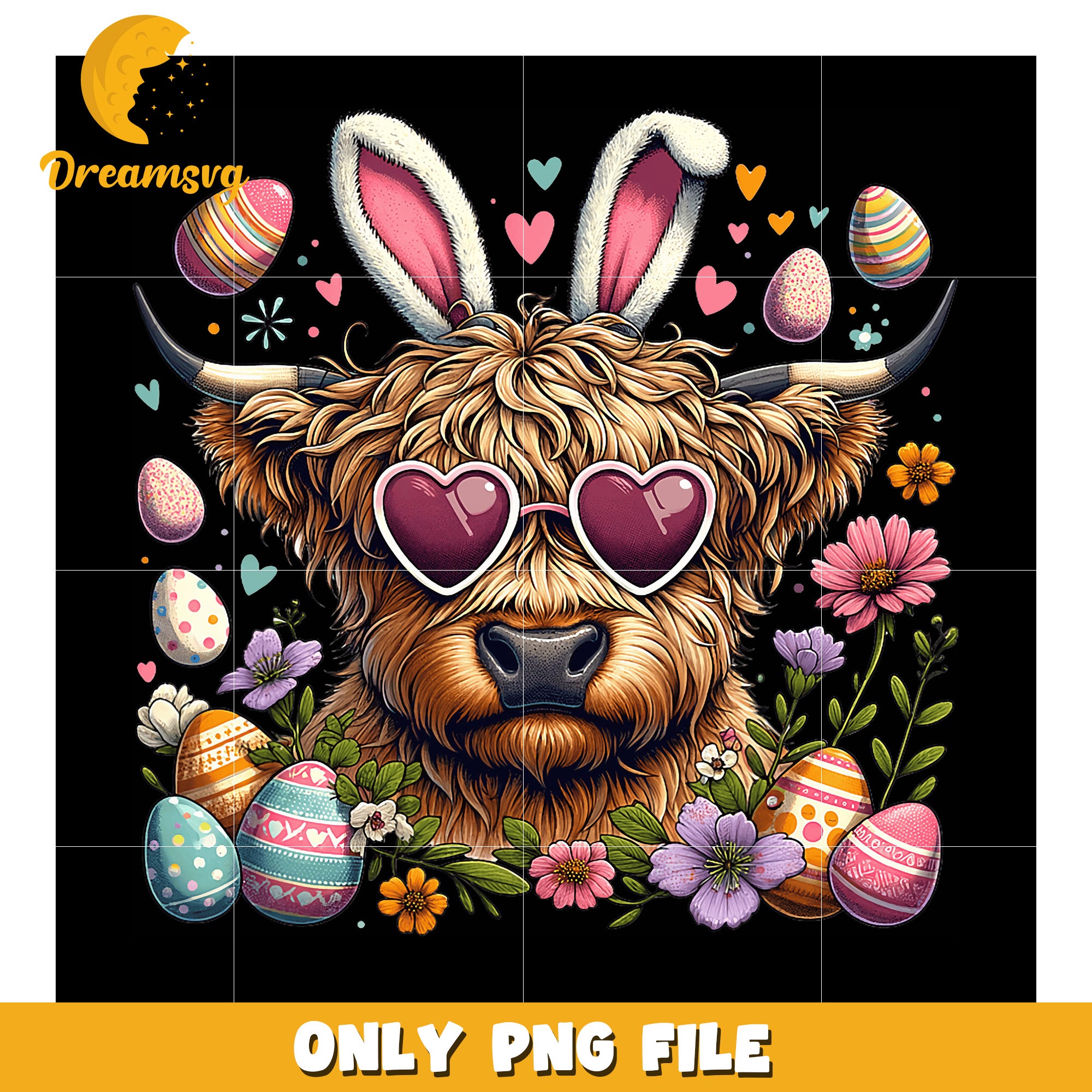 Highland Cow Easter Bunny PNG Design – DreamSVG Store