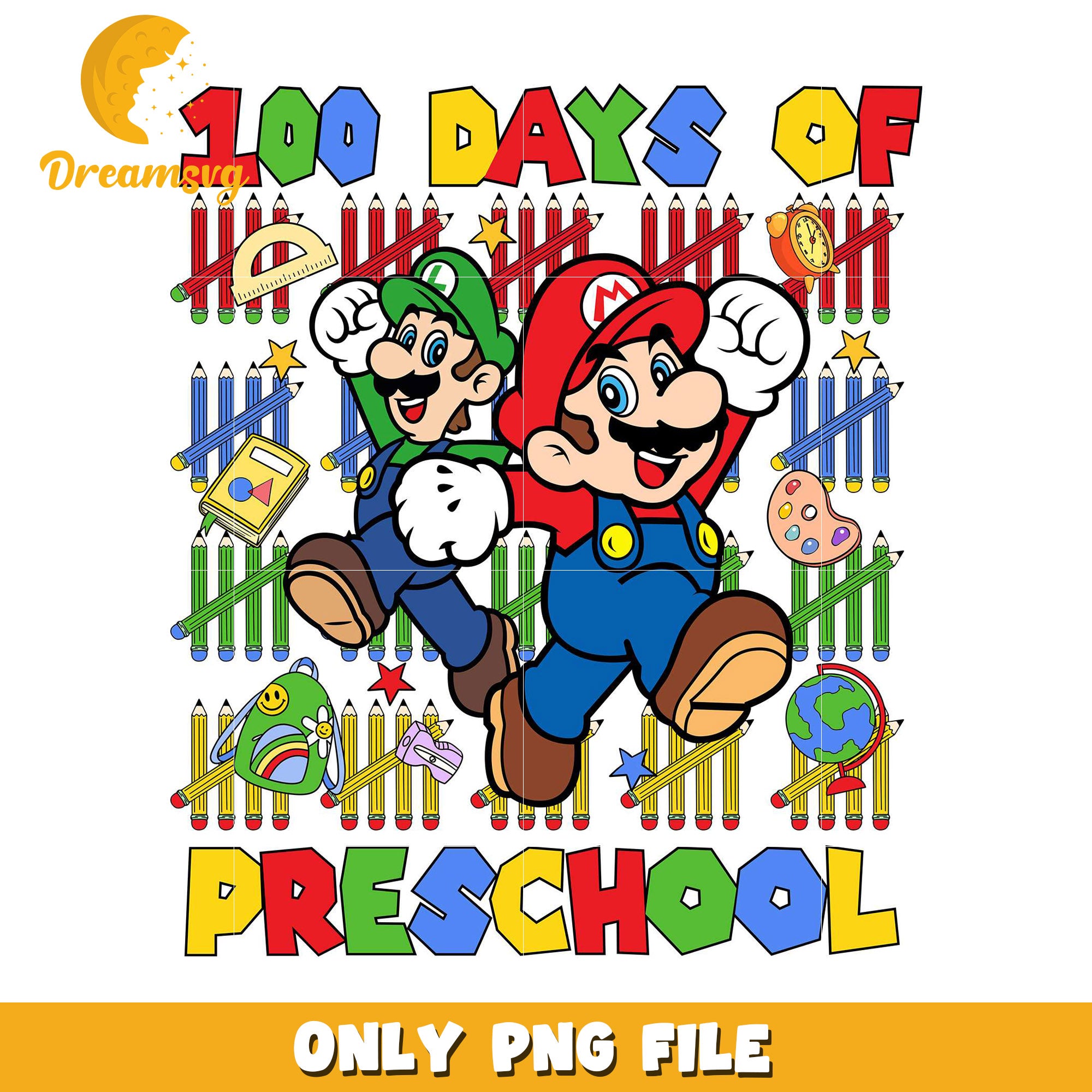 Mario Bros 100 Days Preschool PNG – DreamSVG Store